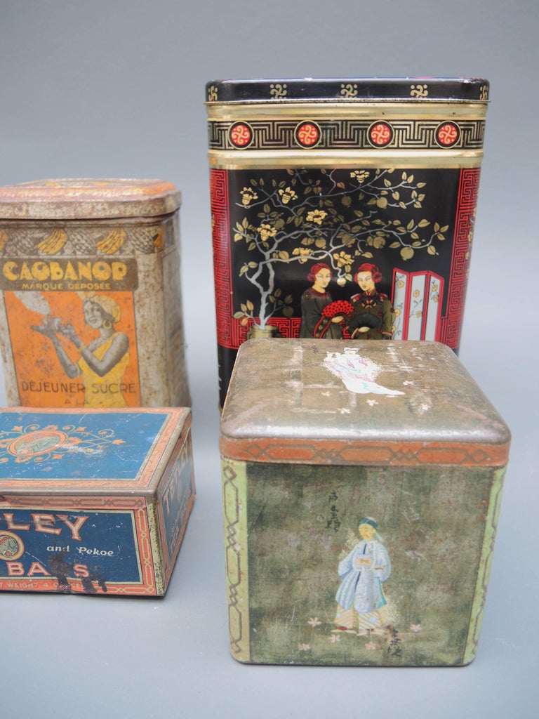 Five Vintage French and English Tin Tole Boxes For Sale at 1stDibs