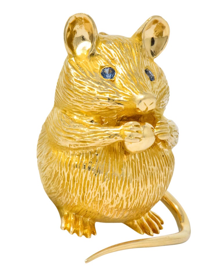 F.J. Cooper Retro Sapphire 14 Karat Gold Mouse Brooch at 1stDibs