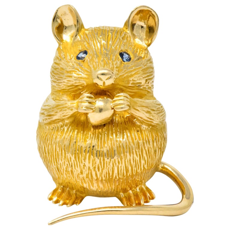 F.J. Cooper Retro Sapphire 14 Karat Gold Mouse Brooch at 1stDibs