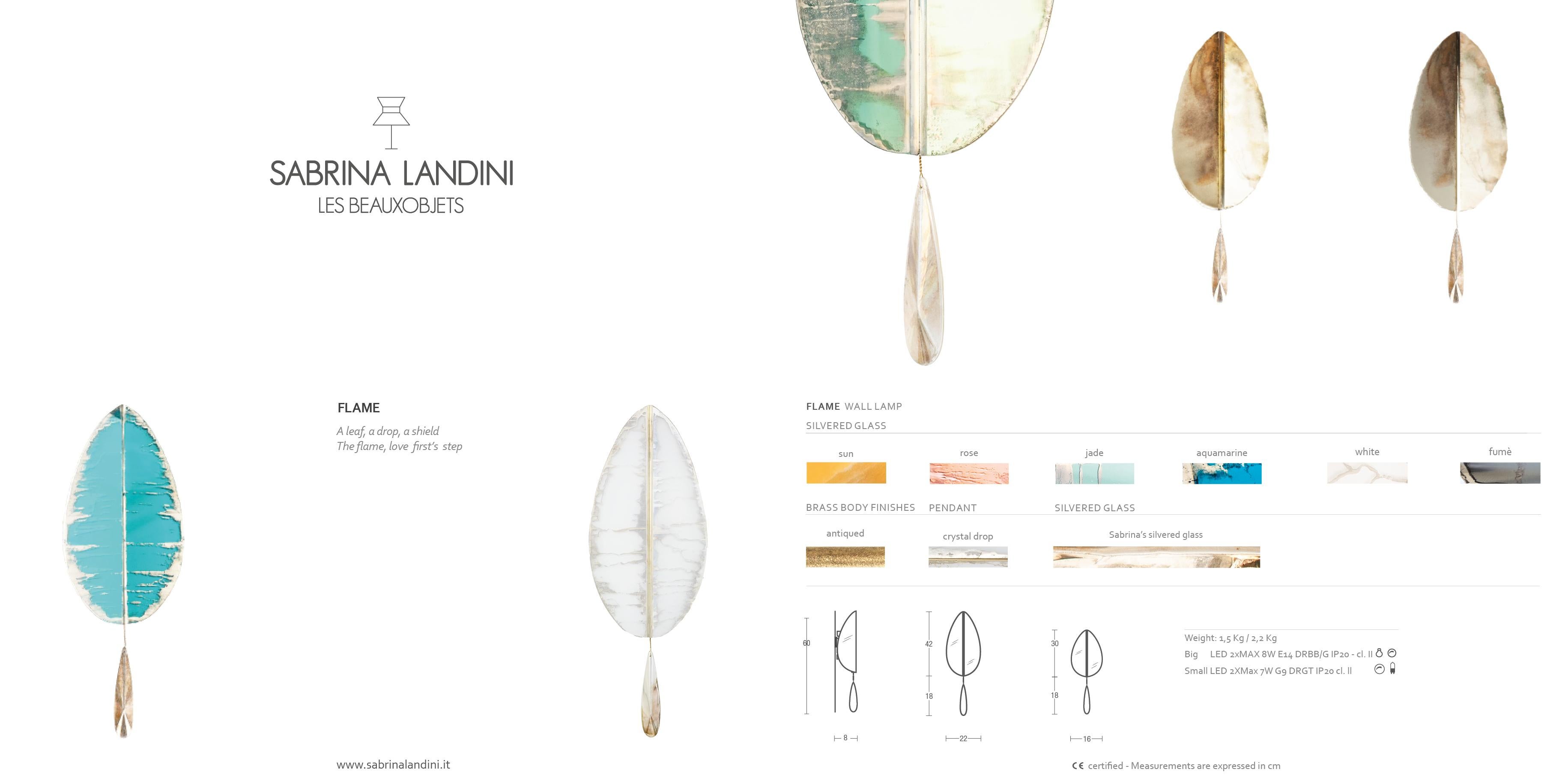 “Flame” contemporary wall sconce white Silvered art Glass, brass ...