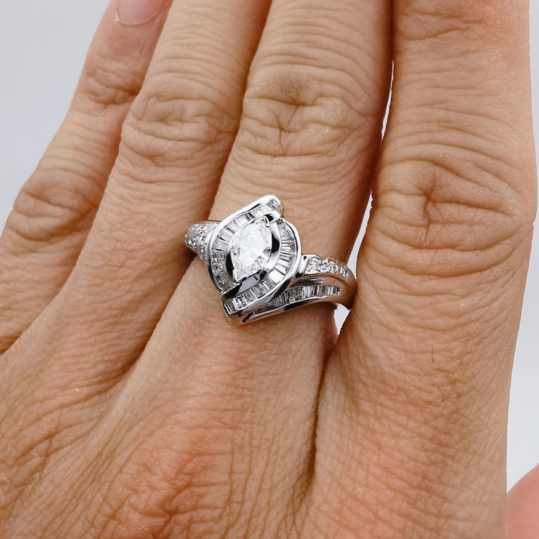 Flame of Love .86 Carat Marquise Diamond Cluster Bridal Ring in 18K White Gold For Sale at 1stDibs