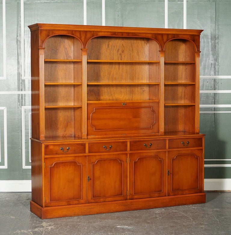 Flamed Yew Wood Bradley England Bank Library Bookcase Cupboard with Lights For Sale at 1stDibs