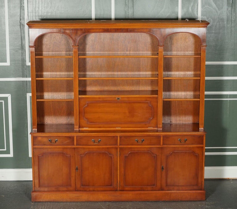 Flamed Yew Wood Bradley England Bank Library Bookcase Cupboard with Lights For Sale at 1stDibs