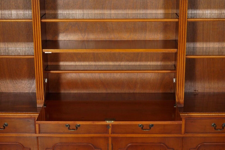 Flamed Yew Wood Bradley England Bank Library Bookcase Cupboard with Lights For Sale at 1stDibs