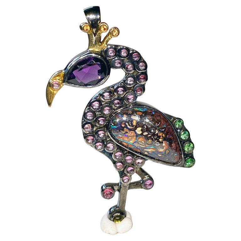 Flamingo Pendant / Brooch with Semiprecious Stones For Sale at 1stDibs