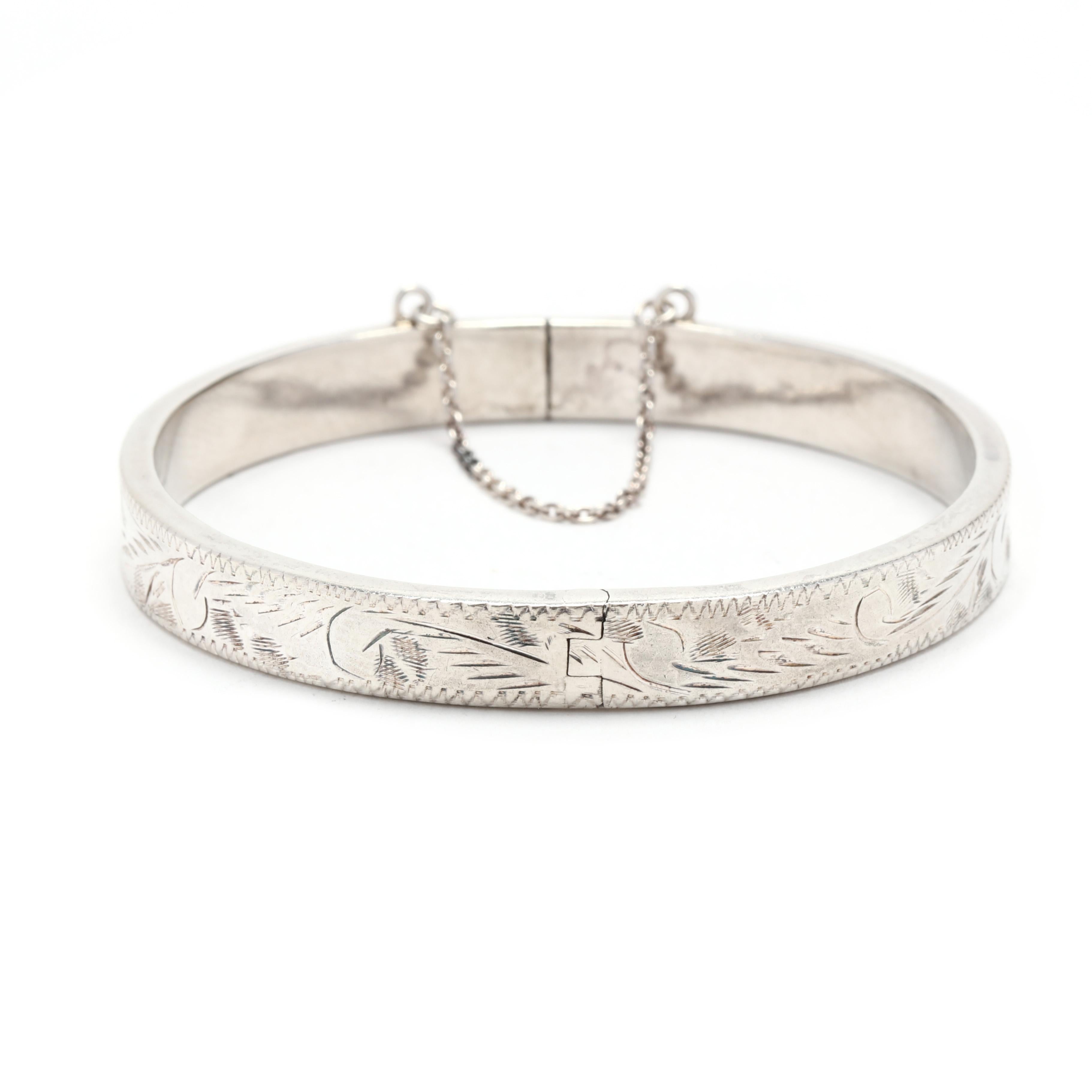 Flat Engraved Hinged Bangle Bracelet, Sterling Silver at 1stDibs