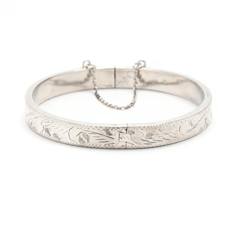 Flat Engraved Hinged Bangle Bracelet, Sterling Silver For Sale at 1stDibs
