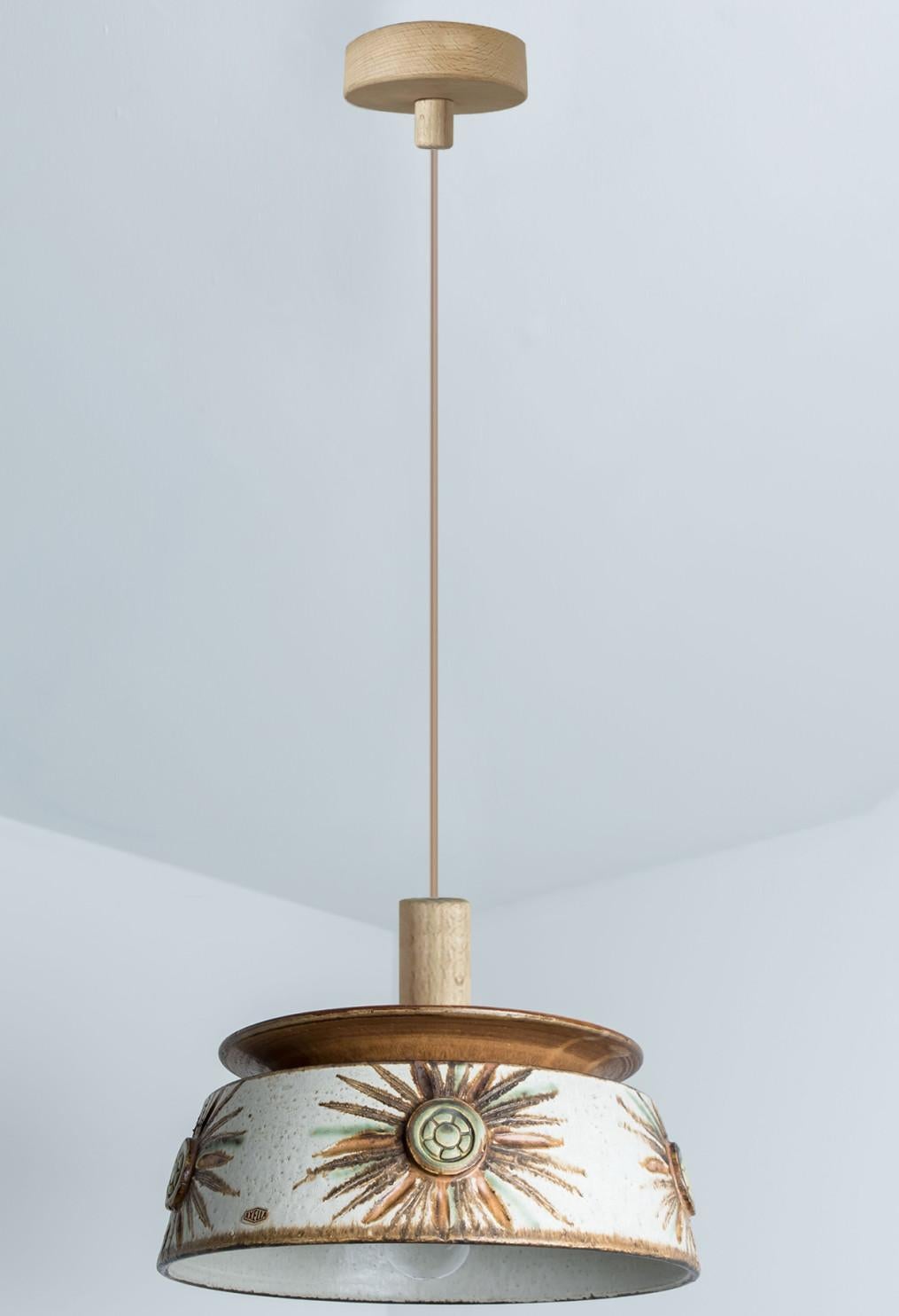 Flat Round Brown Light Blue Ceramic Pendant Light, Denmark, 1970 For ...