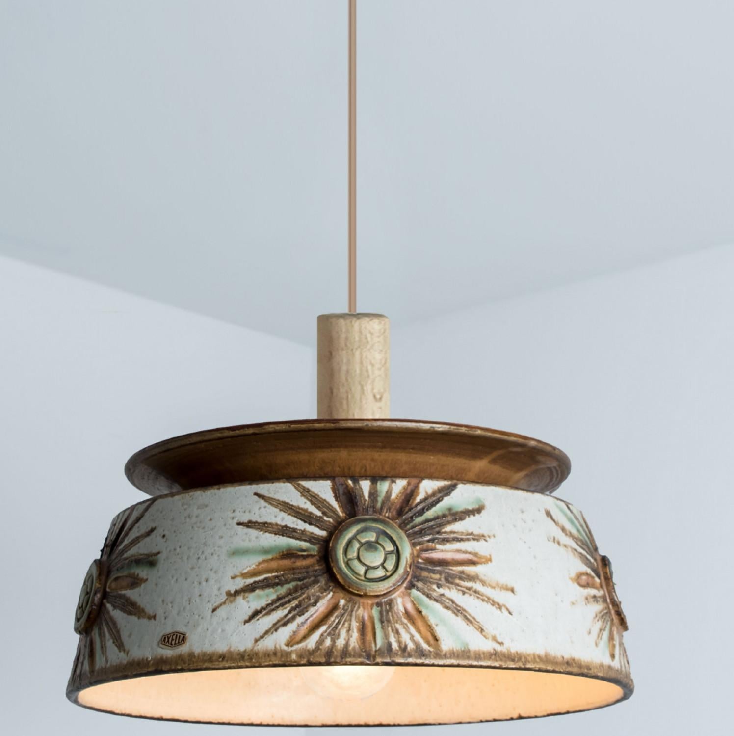 Flat Round Brown Light Blue Ceramic Pendant Light, Denmark, 1970 For ...