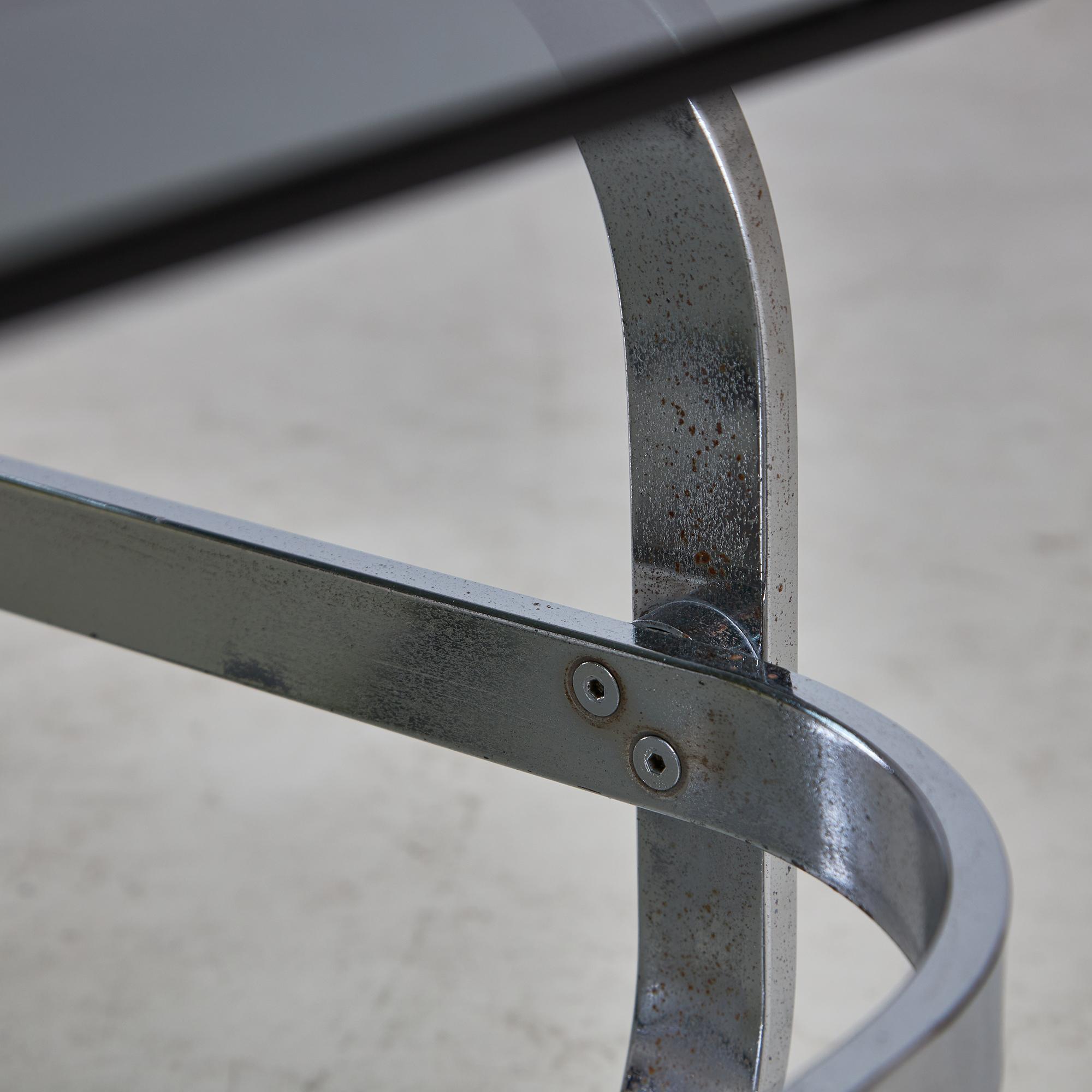 Flat, Rounded Bar-shaped Coffee Table on Chrome Base with Two Smoked ...