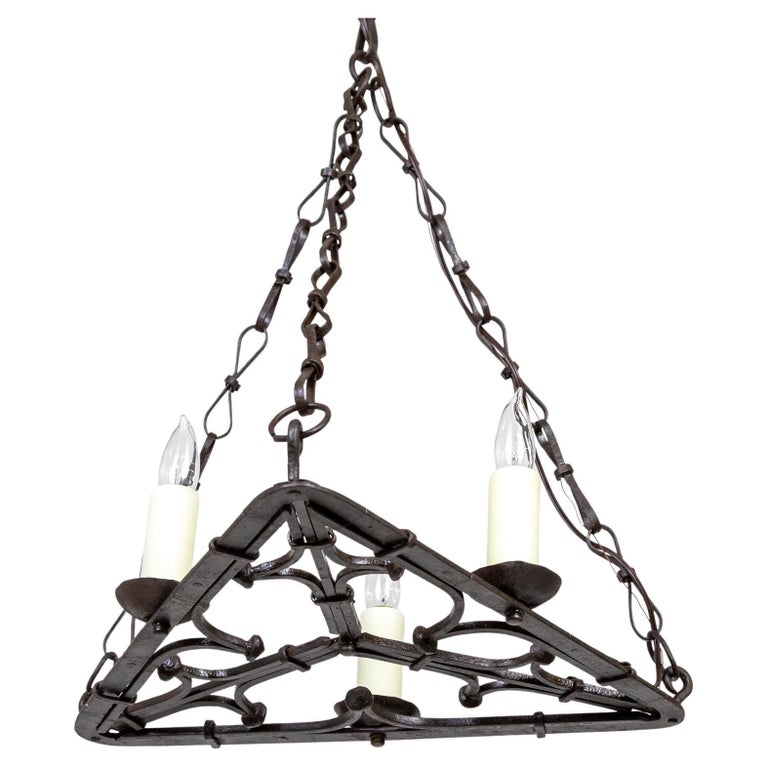 Flat Triangular Wrought Iron Gothic Revival 3-Light Chandelier For Sale ...