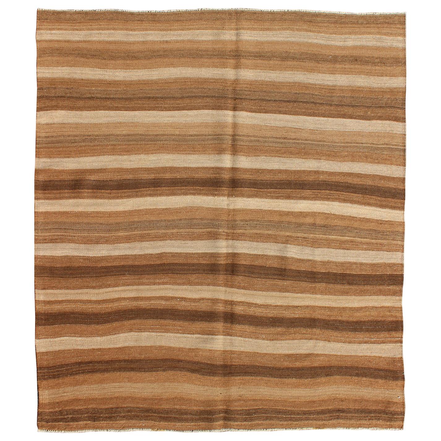 Flat-Weave Kilim Vintage Rug from Turkey with Horizontal Brown and ...