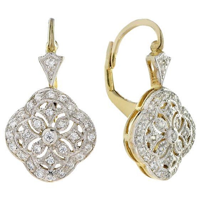 Diamond Lever Back Earrings in 14K Two Tone Gold For Sale at 1stDibs