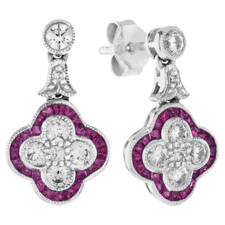 Round Diamond and Ruby Clover Cluster Drop Earrings in 18K White Gold ...