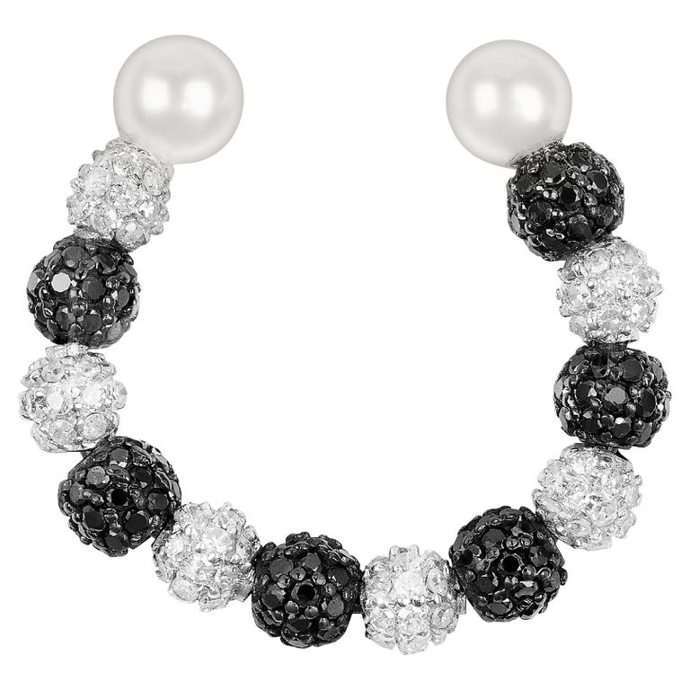 Flexible 18ct black gold ring with black/ white diamonds and Akoya ...