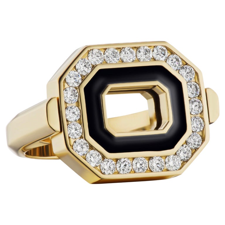 Flip Top Diamond and Black Enamel Gold Ring For Sale at 1stDibs