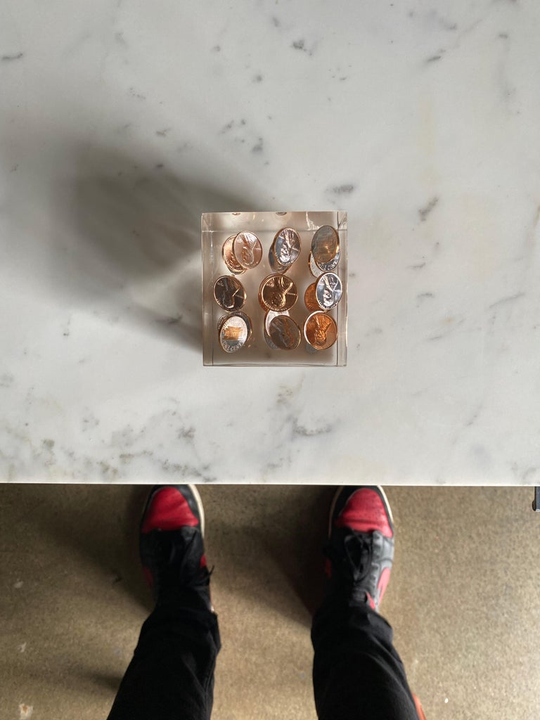 Floating 1970's Pennies in Lucite Cube Paperweight / Sculpture For Sale ...