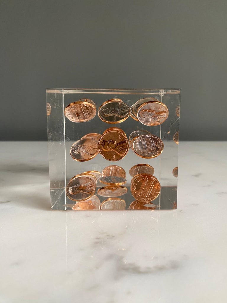 Floating 1970's Pennies in Lucite Cube Paperweight / Sculpture For Sale ...