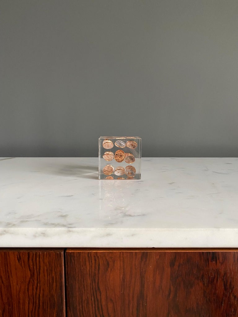 Floating 1970's Pennies in Lucite Cube Paperweight / Sculpture For Sale ...