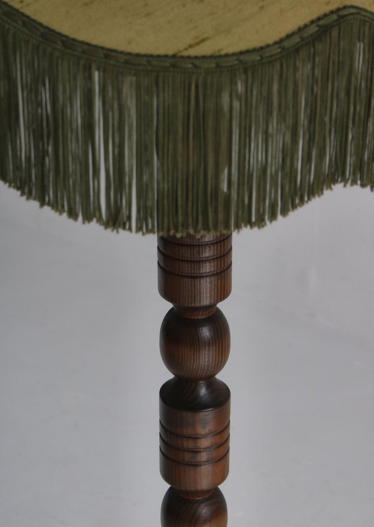 Floor Lamp in Dark Stained Pine w/ Green Silk Fringed Shade Denmark ...