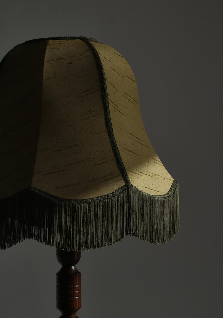 Floor Lamp in Dark Stained Pine w/ Green Silk Fringed Shade Denmark ...