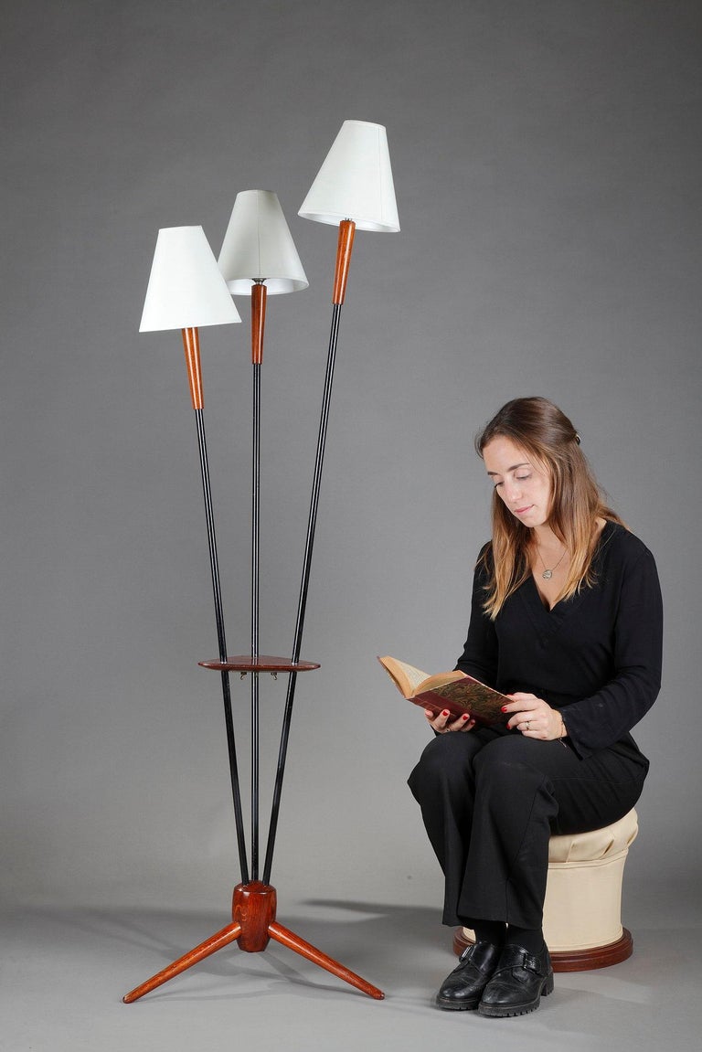 Floor Lamp with Three Arms Joined by a Teak Shelf at 1stDibs