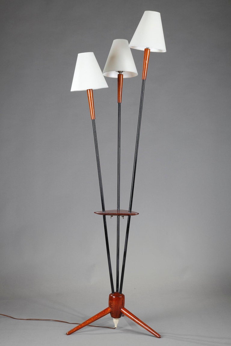 Floor Lamp with Three Arms Joined by a Teak Shelf at 1stDibs