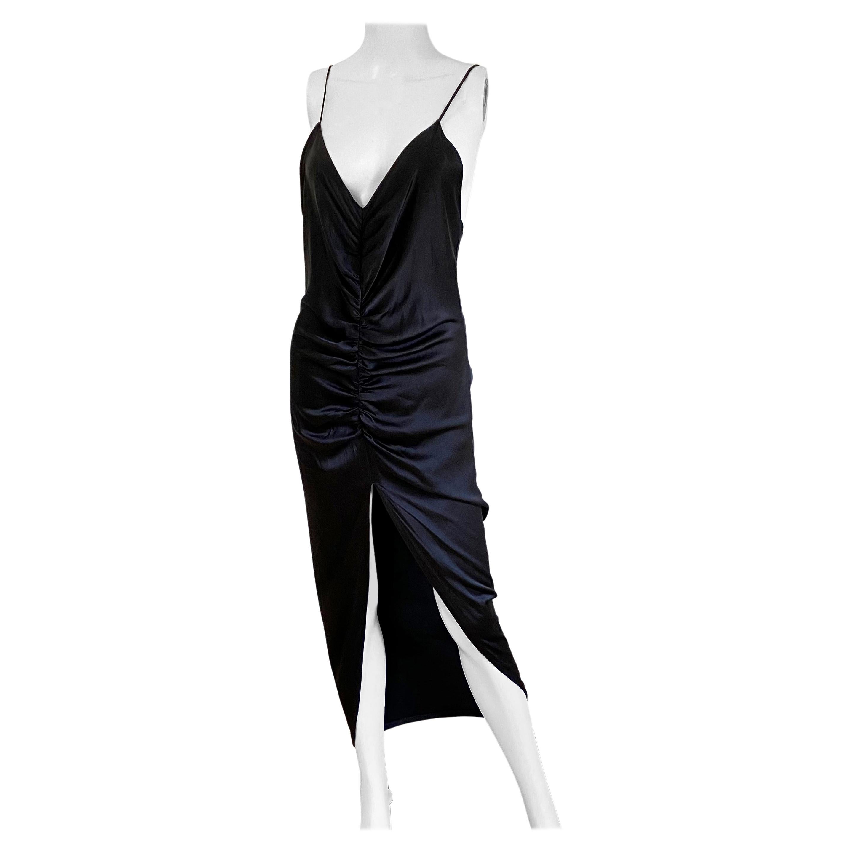 FLORA KUNG Luxe black silk satin charmeuse rushed slip dress For Sale ...