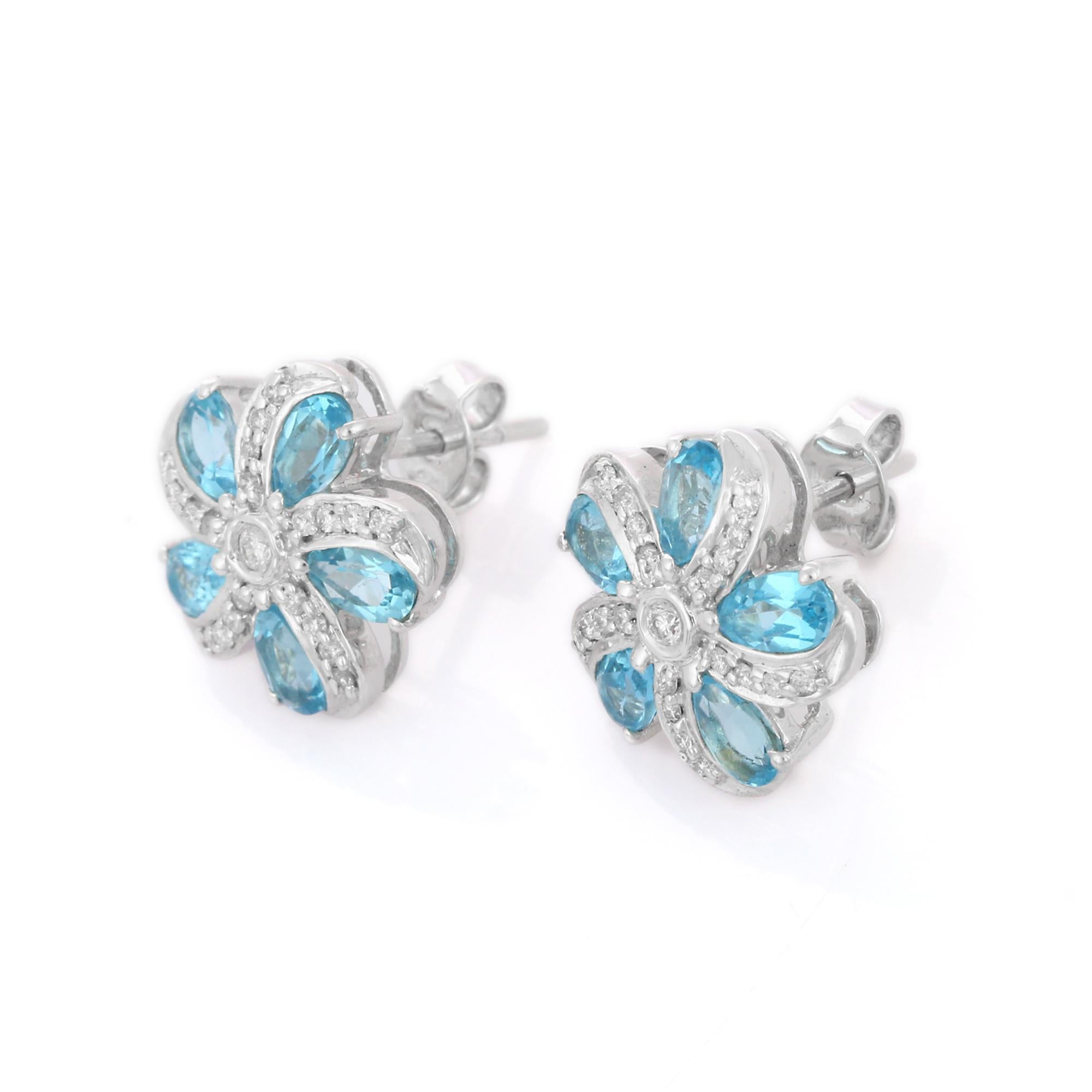 Floral 2.40 ct Sky Blue Topaz Stud Earrings With Diamonds in 18K White ...