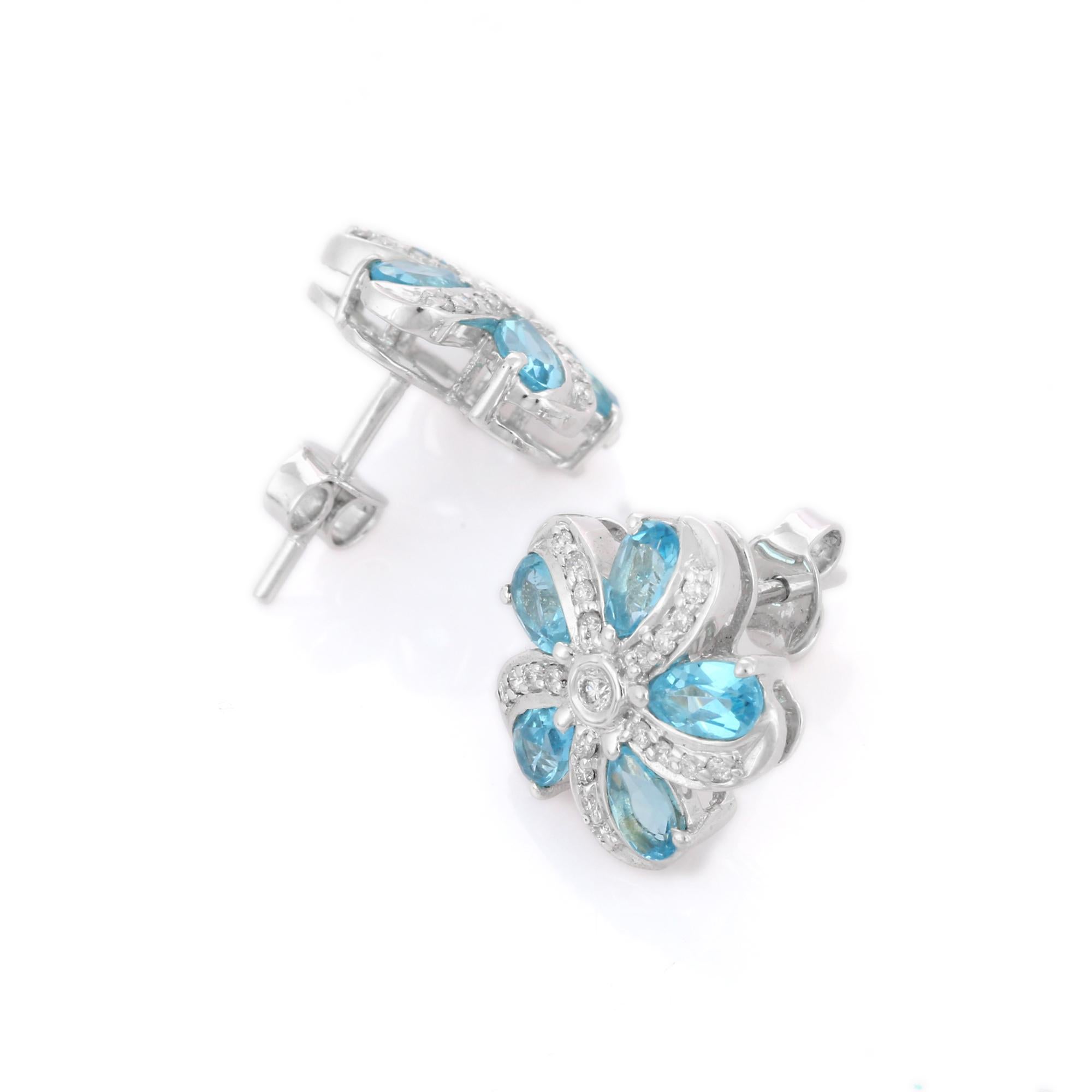 Floral 2.40 ct Sky Blue Topaz Stud Earrings With Diamonds in 18K White ...
