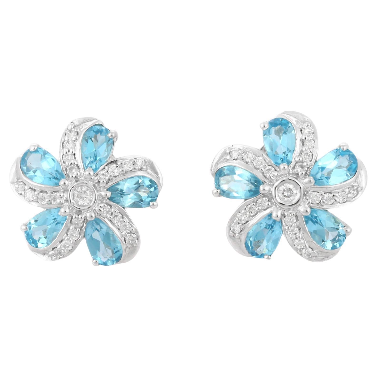 Floral 2.40 ct Sky Blue Topaz Stud Earrings With Diamonds in 18K White ...