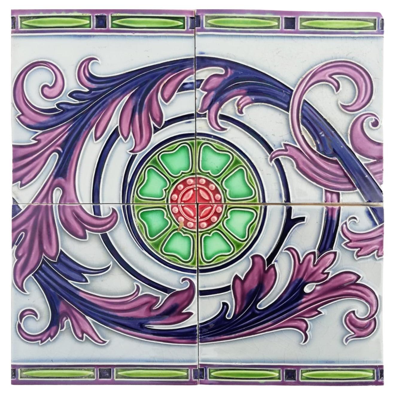 Floral Art Deco Glazed Relief Tiles by Gilliot, Hemiksem, circa 1920 ...