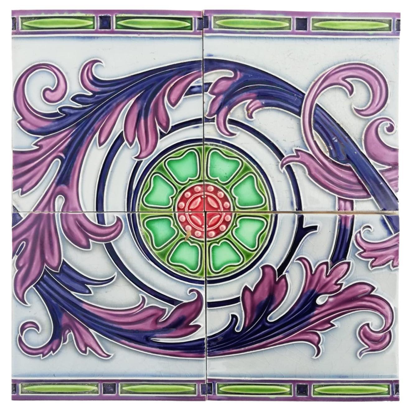 Floral Art Deco Glazed Relief Tiles by Gilliot, Hemiksem, circa 1920 ...