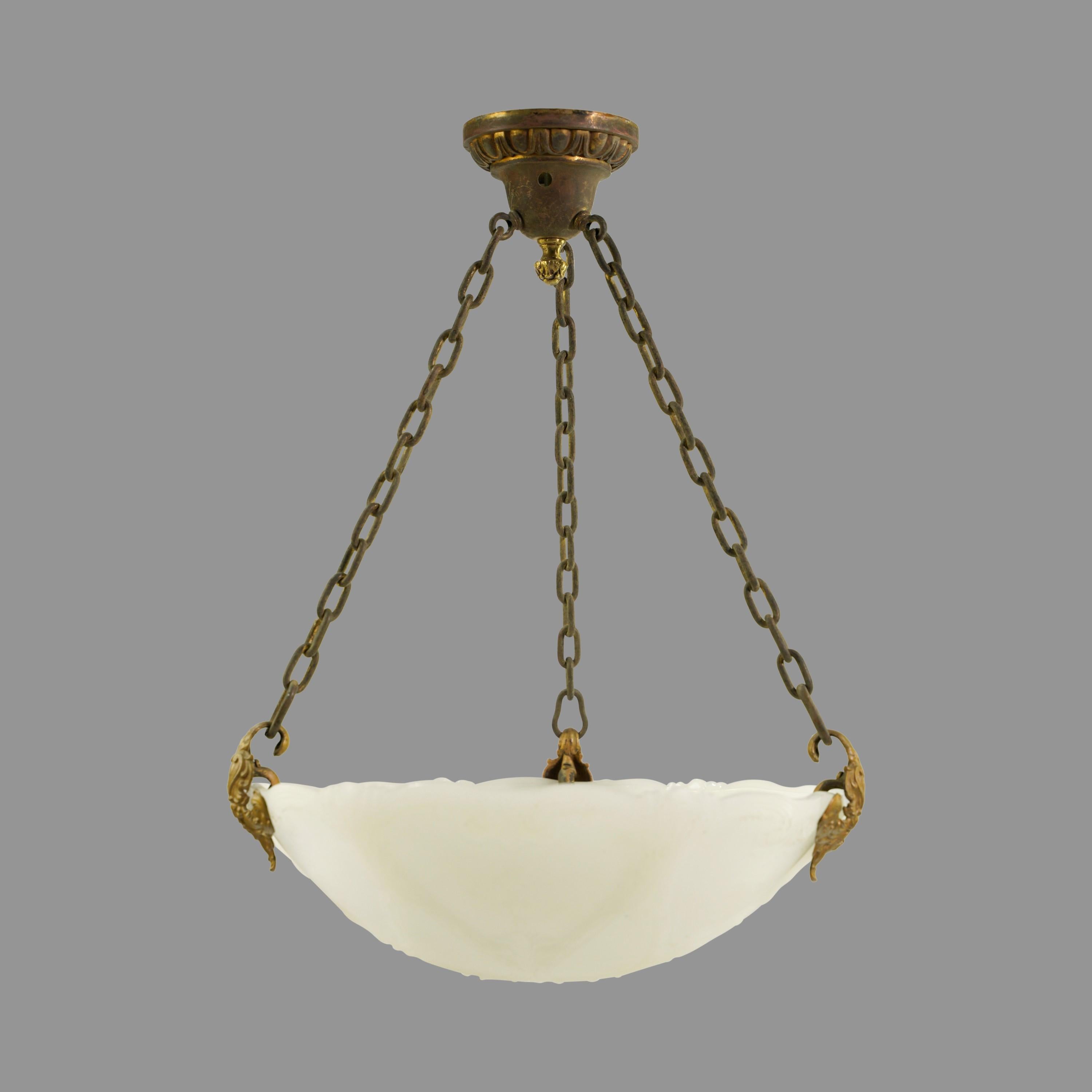 Floral Art Nouveau Alabaster Dish Brass Pendant Light 3 Sockets For ...