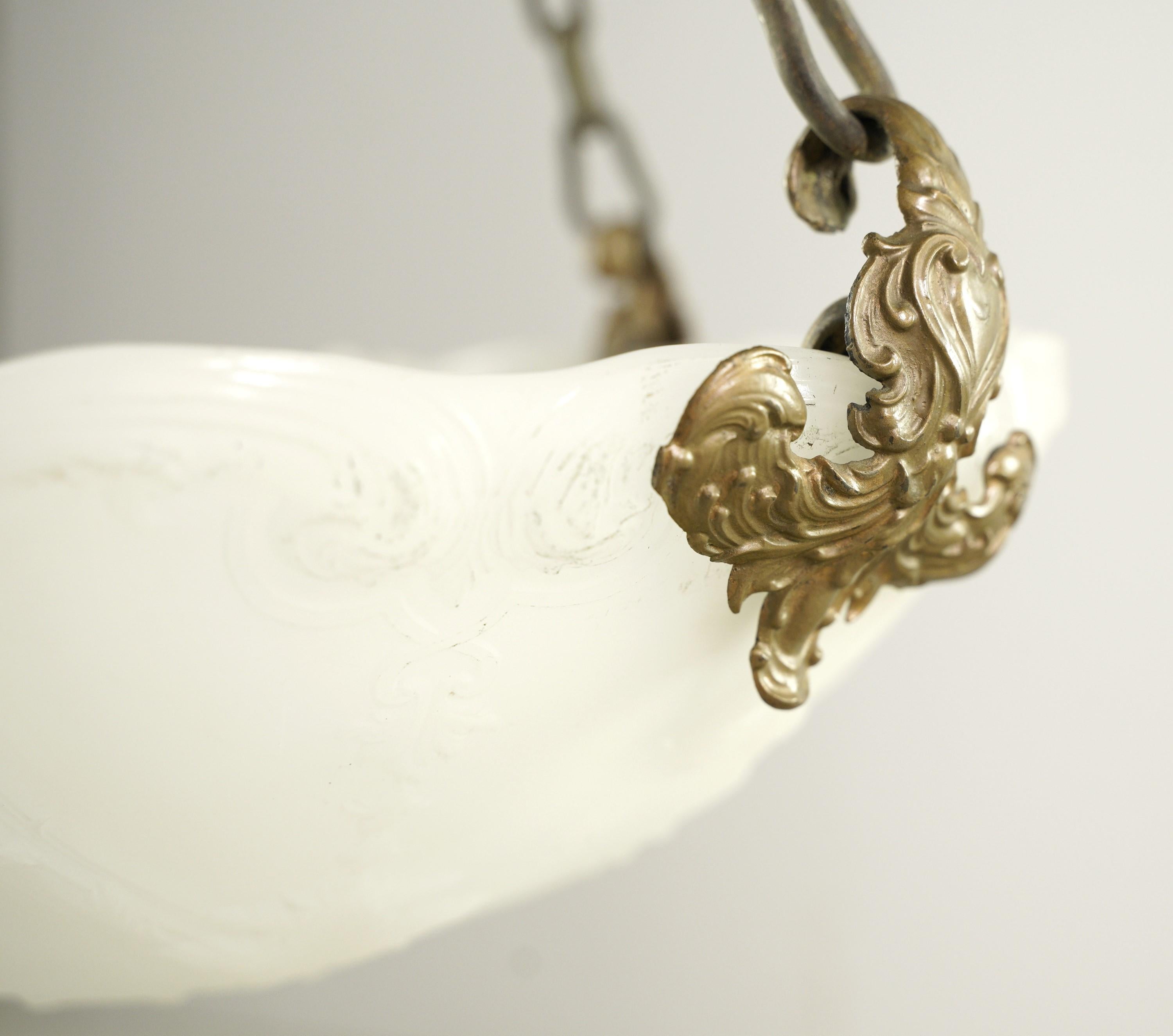 Floral Art Nouveau Alabaster Dish Brass Pendant Light 3 Sockets For ...
