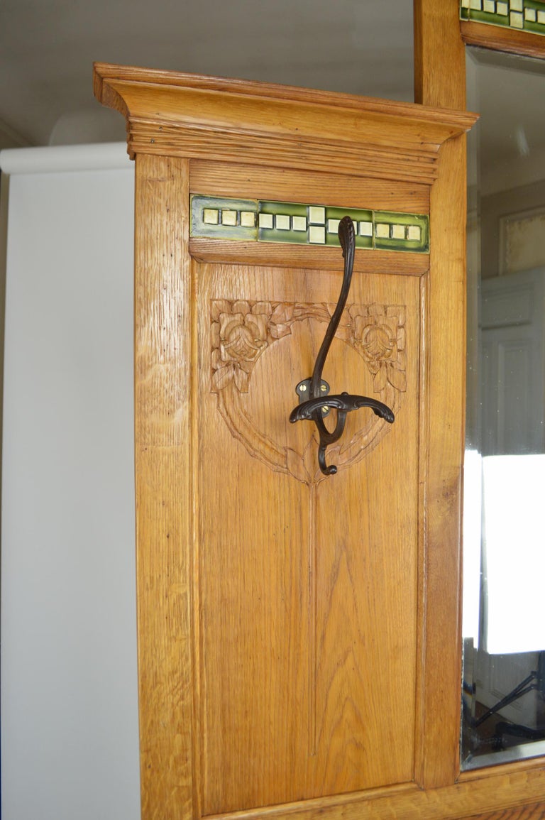 Floral Art Nouveau Hall Chest Bench with Coat Racks in Carved Oak ...