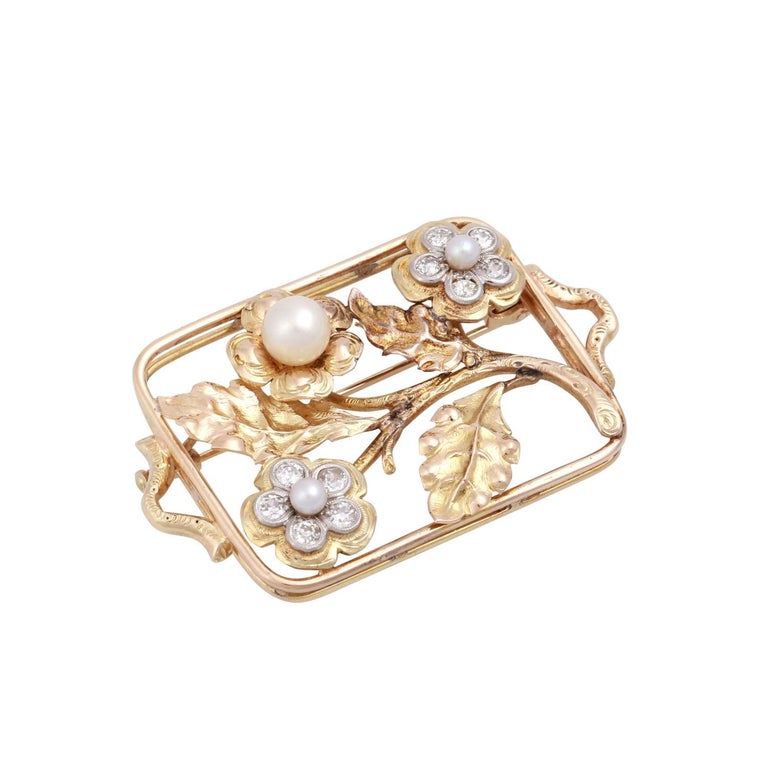 Floral Brooch Set with 3 Cultured Pearls and 10 Old European Cut ...
