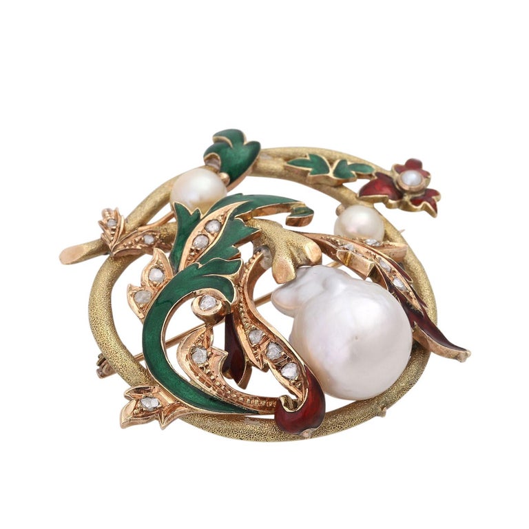 Floral Brooch with Cultured Pearls and Diamond Roses For Sale at 1stDibs