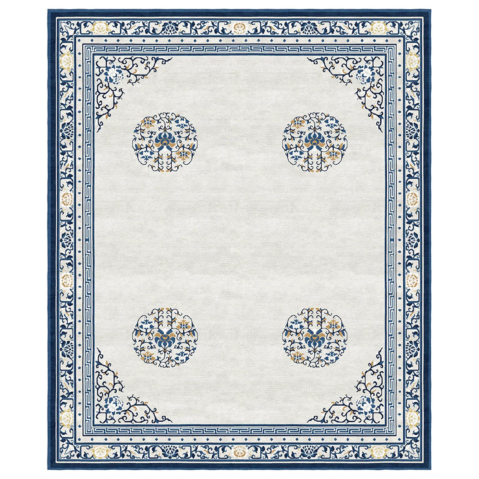 Floral Chinese style Handmade Wool Silk Rug - Floating Lotus Cloud Grey ...