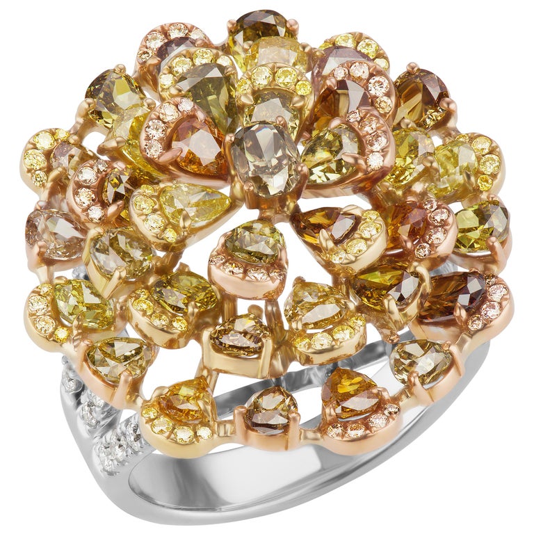 Floral Cocktail Ring with Diamond in 18 Karat Three-Tone Gold For Sale ...