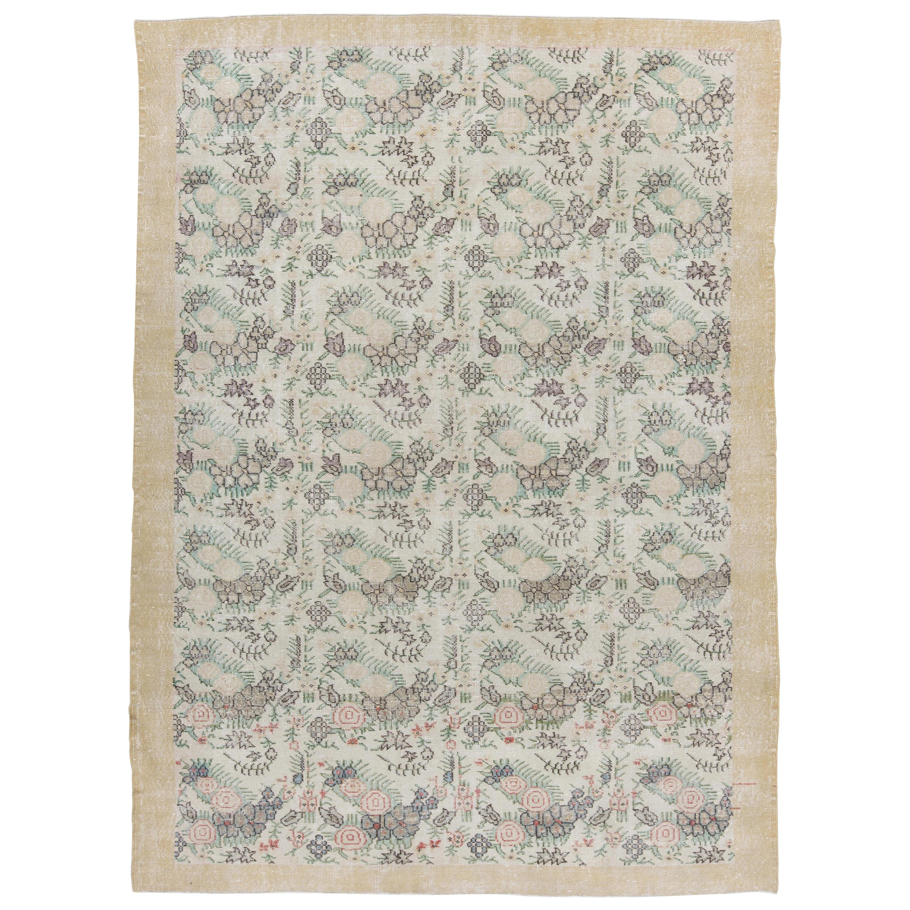 Floral Turkish Deco Rug in Soft Pink and Turquoise Colors at 1stDibs