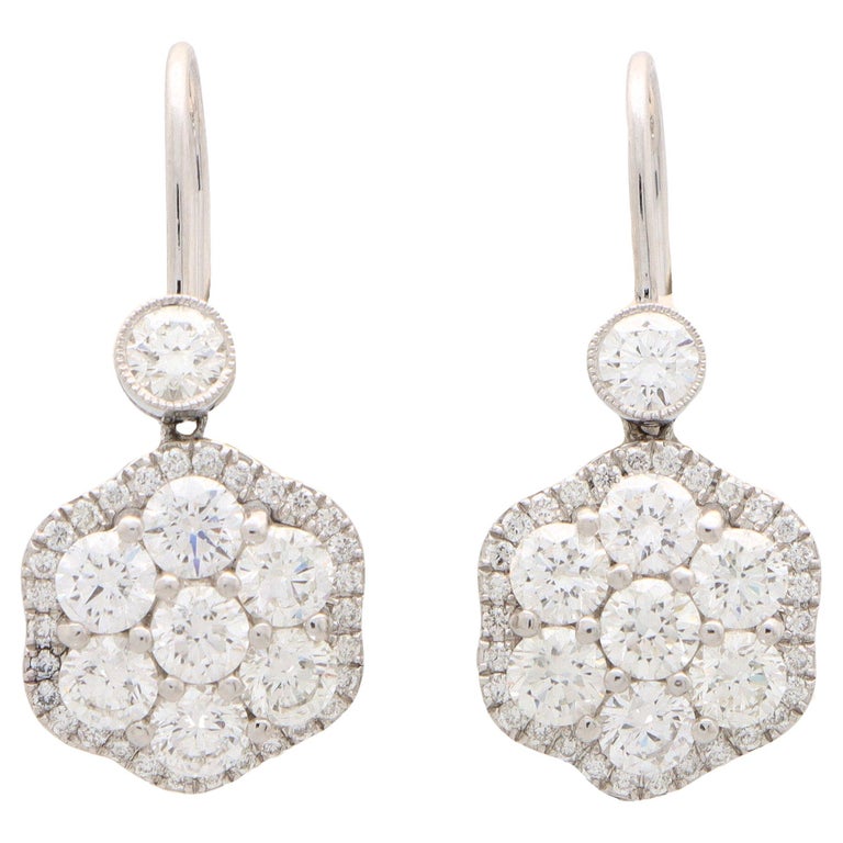 Floral Diamond Cluster Drop Earrings Set in Platinum For Sale at 1stDibs
