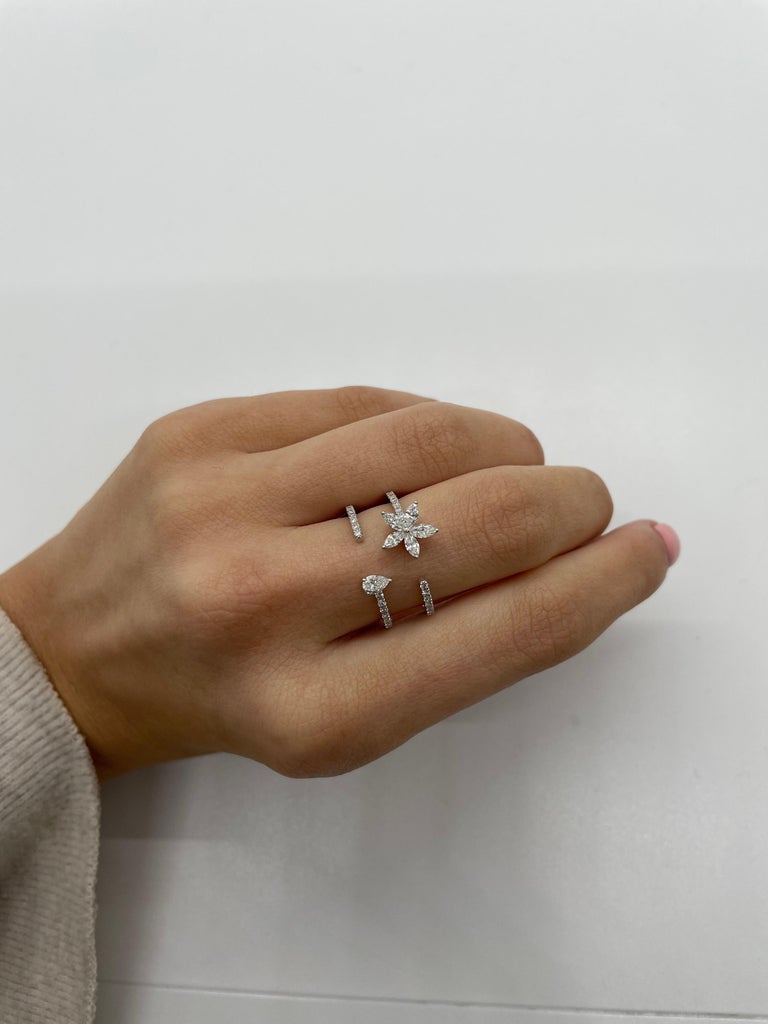 Customizable Floral Double Band Diamond Ring in 18K White Gold For Sale ...