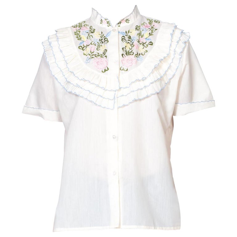 Floral Embroidered Victorian Style Ruffled Blouse at 1stDibs