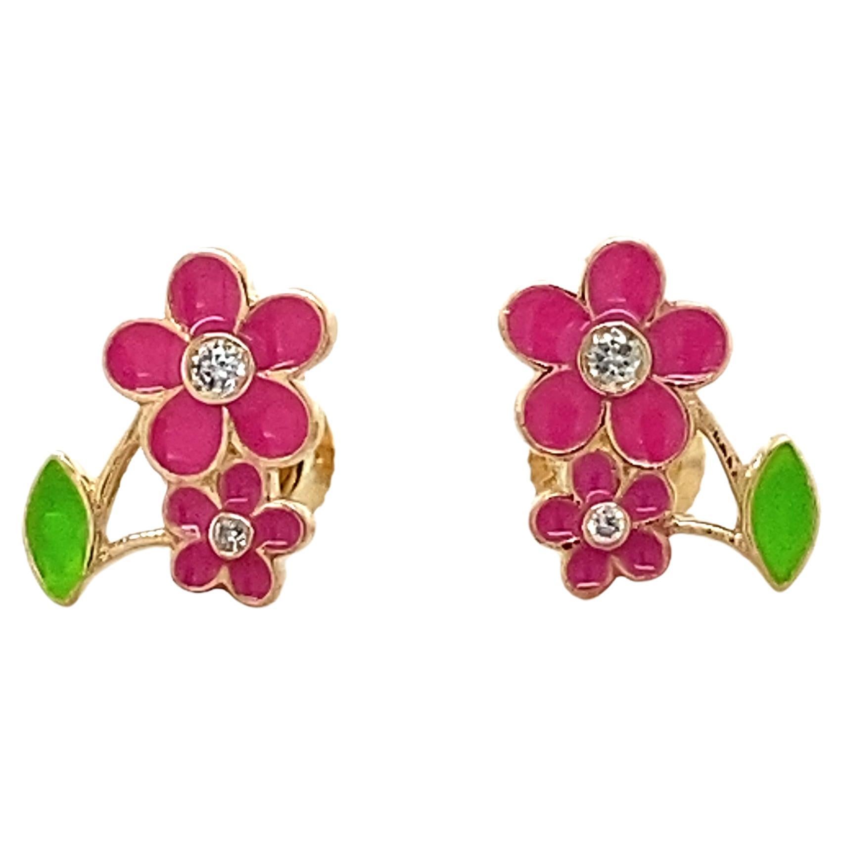 Pink Flower Enameled Diamond Earring for Girls (Kids/Toddlers) in 18K ...