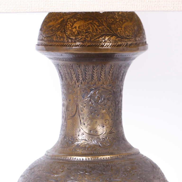 Floral Engraved Brass Table Lamp For Sale at 1stDibs