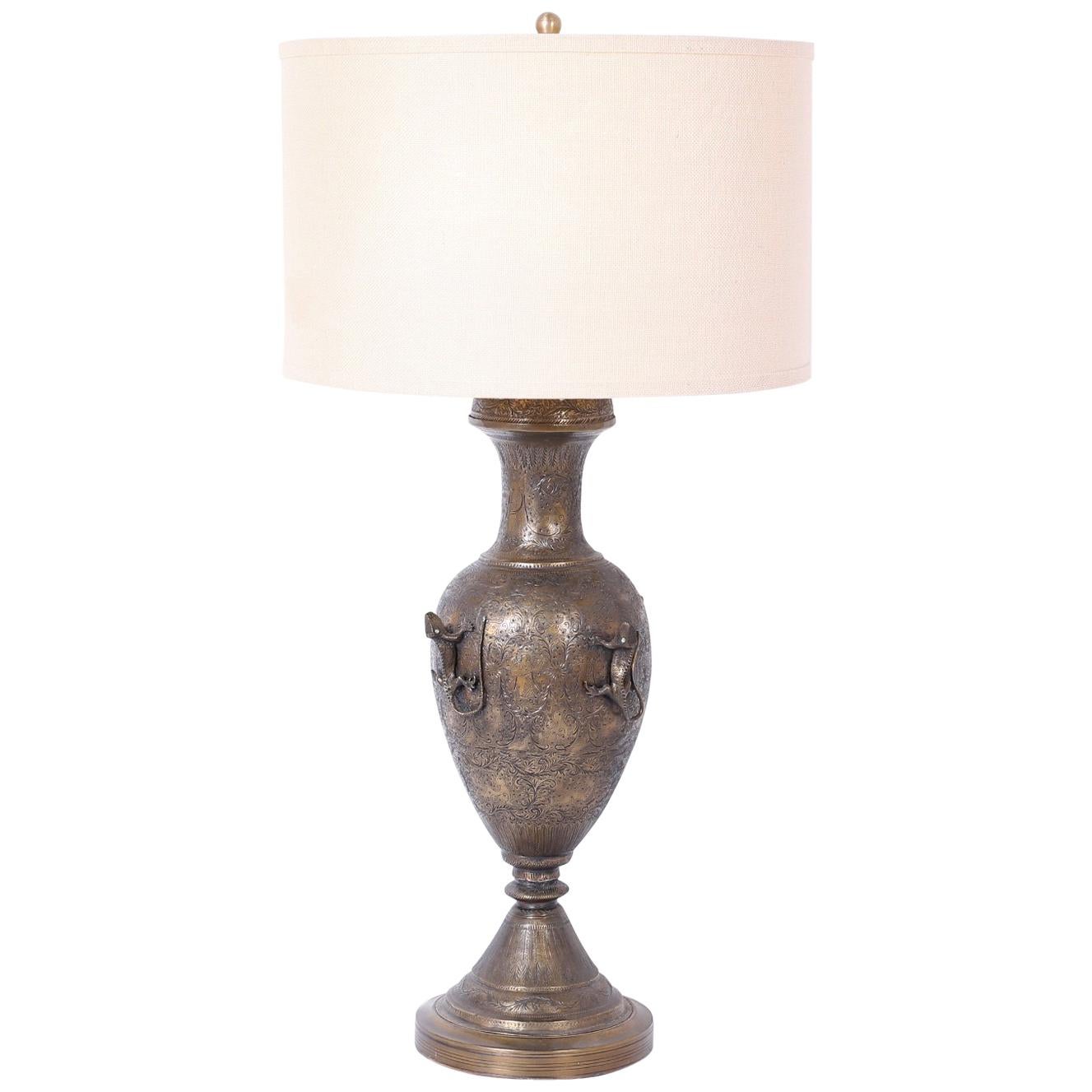 Floral Engraved Brass Table Lamp For Sale at 1stDibs