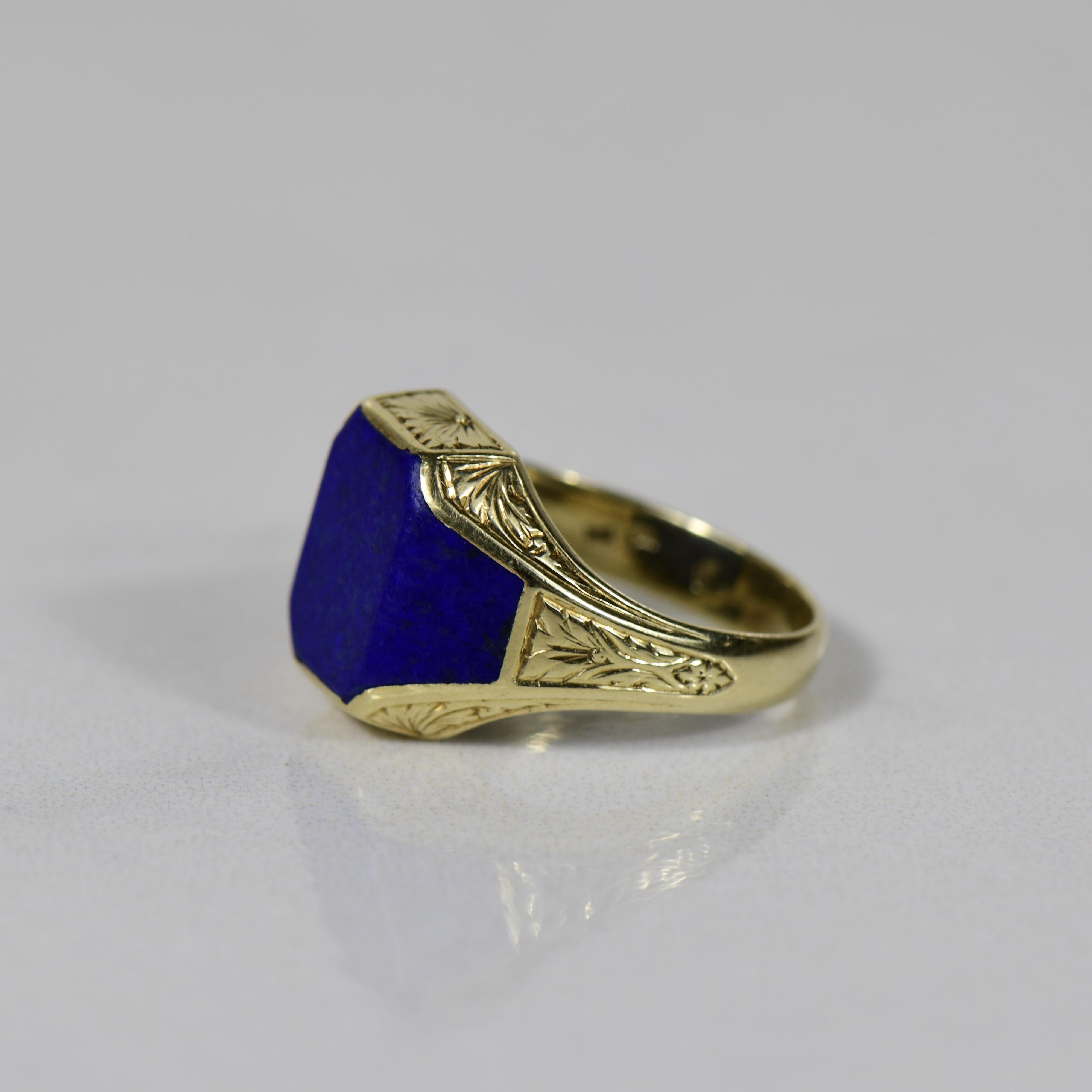 Floral Engraved Royal Blue Lapis Lazuli Unisex Art Deco 14k Gold ...
