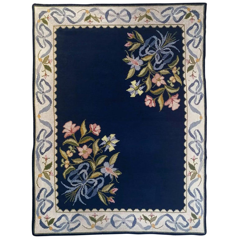 Floral European Portuguese Needlepoint Embroidered Arraiolos Rug in ...