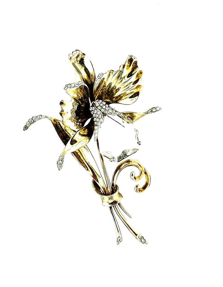 Floral Flower Brooch by Mazer, kite shaped orchid, gold plated Sterling ...